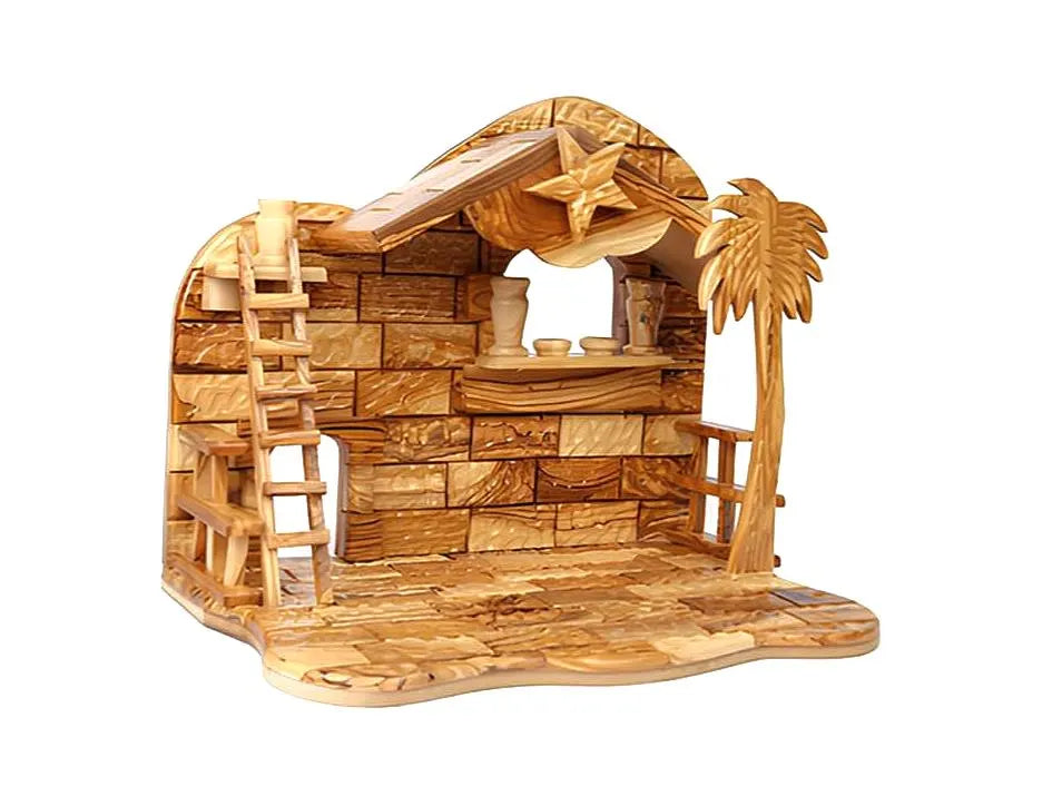 Olive Wood Nativity Set – Musical Stable with Ladder – Shop Jerusalem